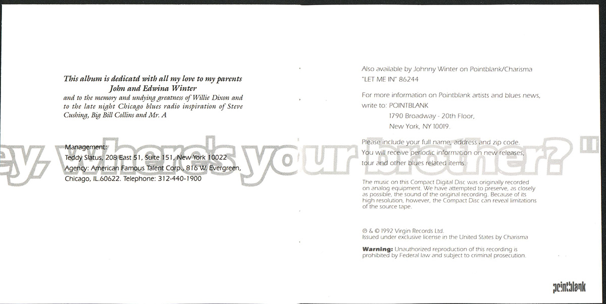 JOHNNY WINTER Hey Where's Your Brother? Blues Rock CD Album Cover ...