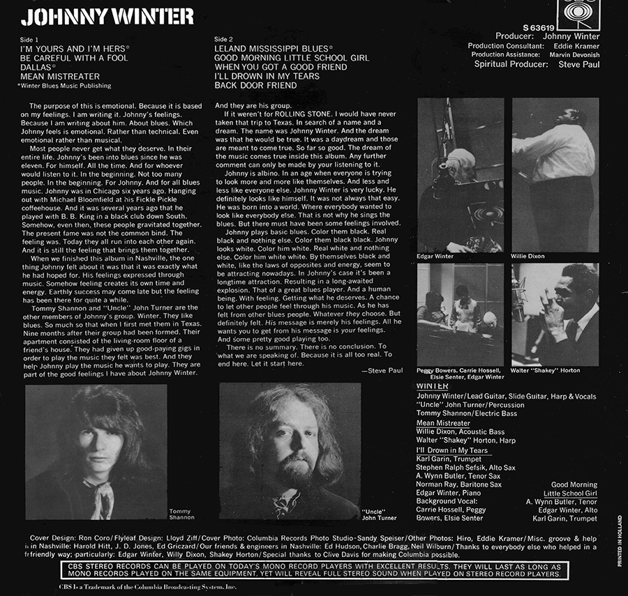 JOHNNY WINTER S/T Self-Titled aka Black Album Blues 12" LP Vinyl Album ...