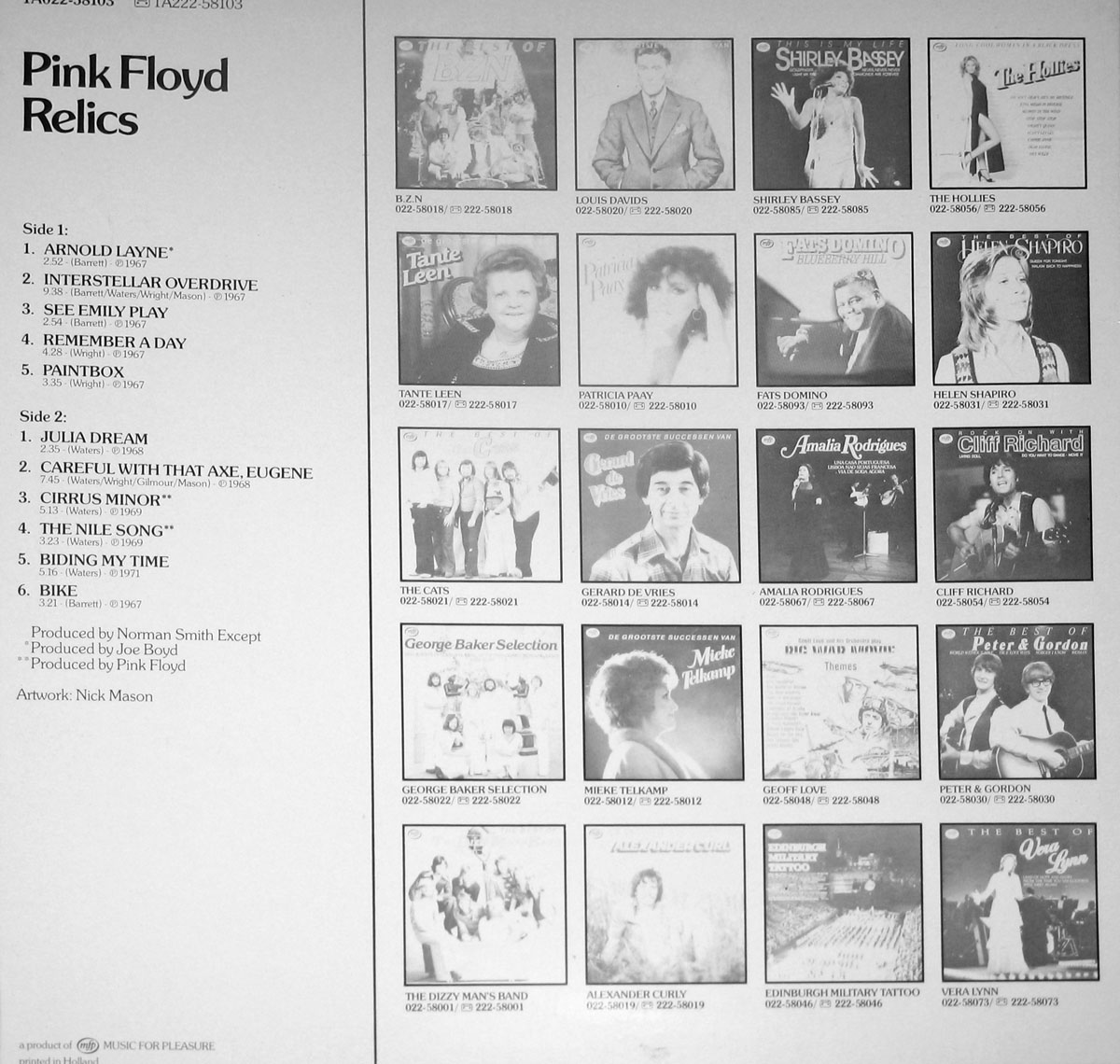 PINK FLOYD Relics Europe Album Cover Gallery & 12" Vinyl LP Discography ...